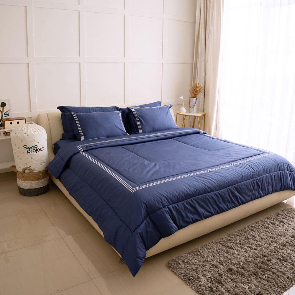 Navy Blue and White - Velvet Embroidery Organic Cotton Bedding Set ...